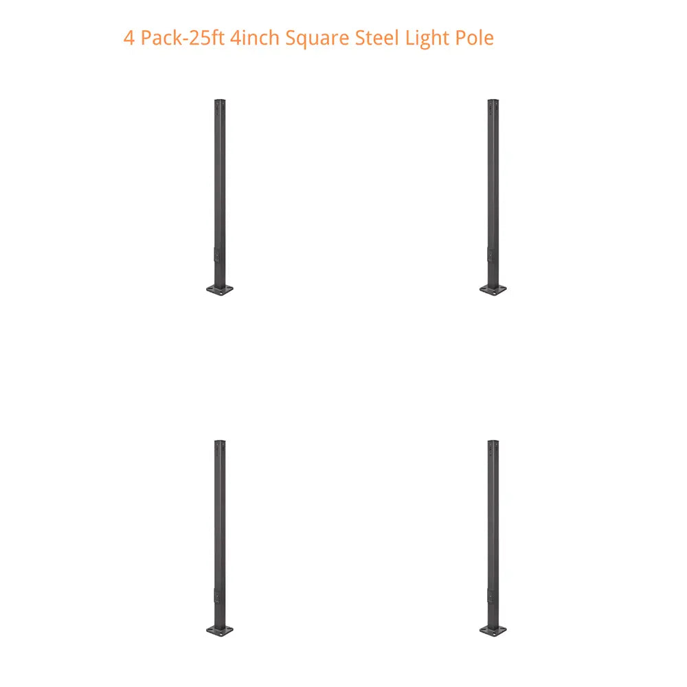 4 Pack -25ft Square Steel Light Poles-(8) 300W LED Parking Lot Lights